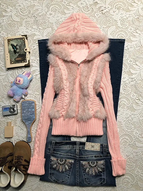 Pink Textured Hooded Knit Cardigan 2026 Casual Style – Soft Jam